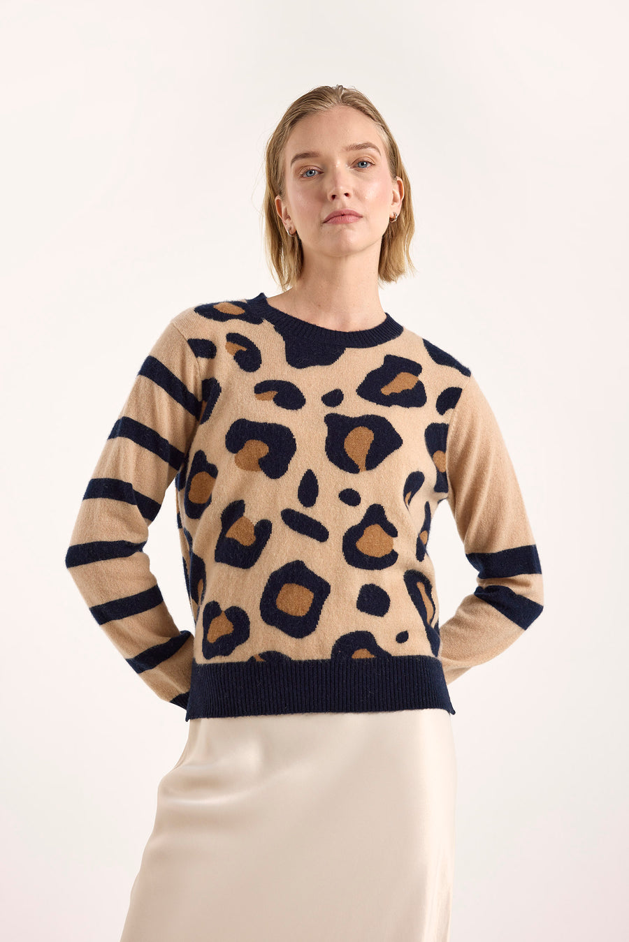 Libby Leopard Stripe Mix Crew | Mix Camel – Charlotte's Inc