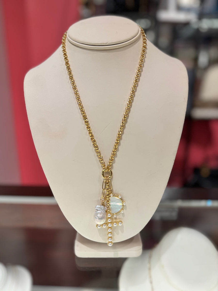 Knotty Bling MOP Medallion, Cross & Pearl Necklace – Charlotte's Inc