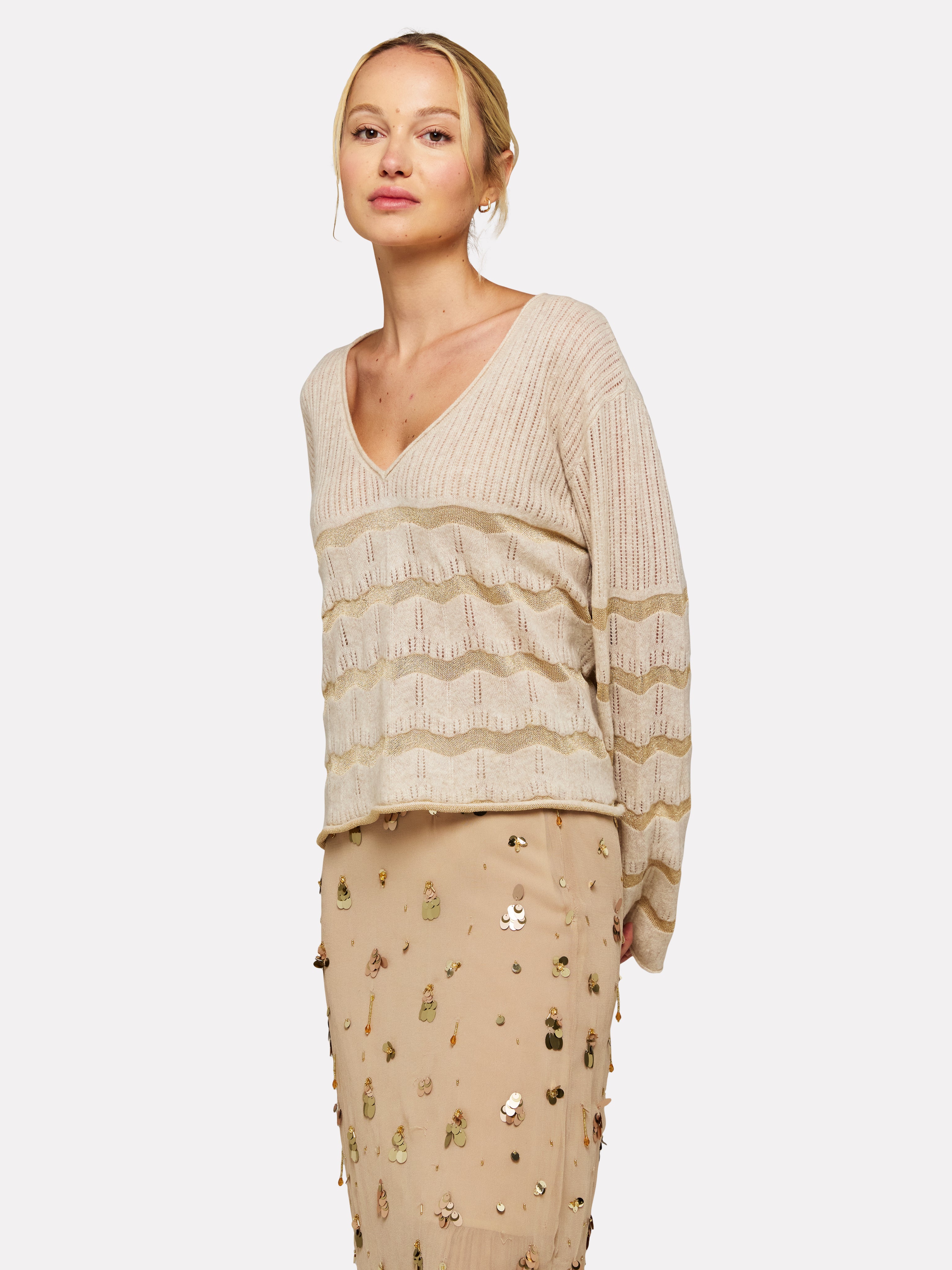 Wave Pointelle V Neck Sweater | Cygnet – Charlotte's Inc